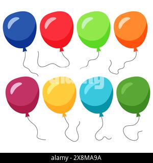 Set of eight colorful balloons with a string isolated on white ...