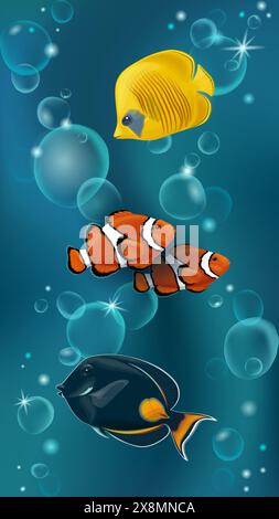3D Tropical fishes vertical wallpaper. Striped Angel Fish, black and ...
