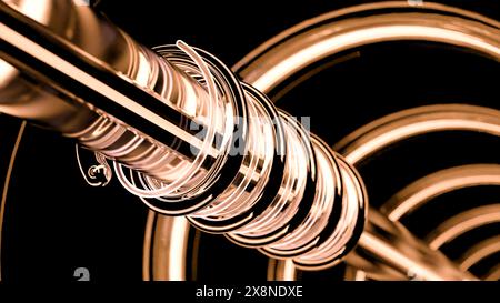 Neon lines rotate around pipe. Design. Animation of mechanical rod with ...
