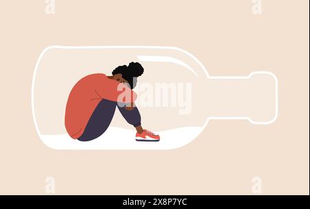 Alcoholism concept. Depressed african Woman sitting on bottom of bottle ...