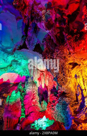 The Silver Cave, natural limestone cave with multicolored lighting in ...
