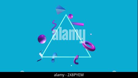 Image of abstract shapes moving next to triangle on blue background ...
