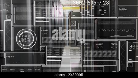 Image of hud screens with numbers, graphs and shapes over data server ...