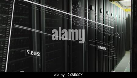 Image of screens with programming language moving over data server ...