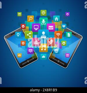 Two smartphones on an abstract background emitting various floating ...