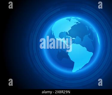 A digital illustration of Earth radiating a blue glow, centered within ...