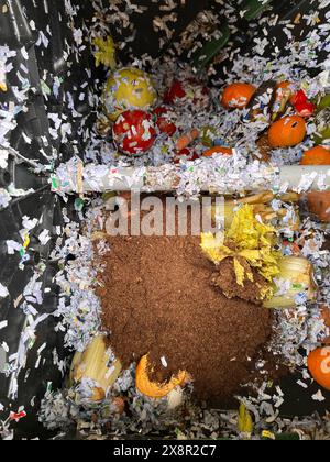 Recycling kitchen food waste inside a home compost bin including fruit ...