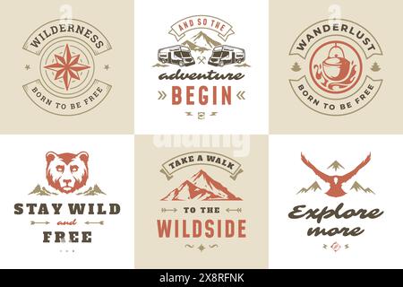 Camping and outdoor adventure quotes and sayings typography set vector ...