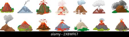 Cartoon volcano. Eruption processes, volcanoes with magma and fire ...