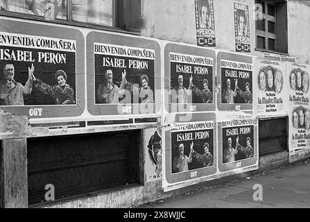 Political poster greets new Argentine President Isabel Perón, after the ...