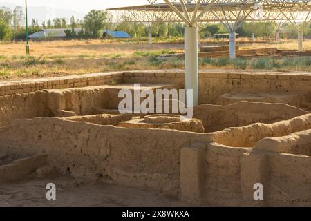 Archeological UNESCO site of Ancient Sarazm at sunset, 4th millennium ...