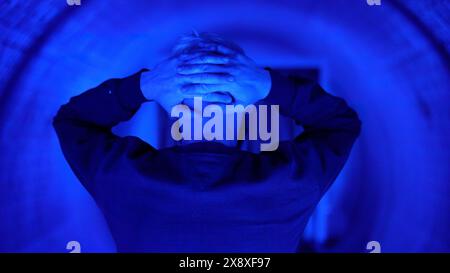 Visualization of how man with claustrophobia feels anxiety in a small ...