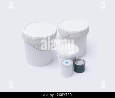 Set of paint buckets and varnish tins, professional painting and ...