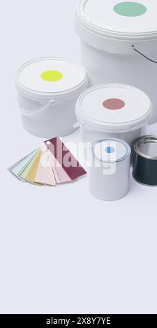 Set of paint buckets and varnish tins, professional painting and ...