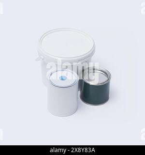 Set of paint buckets and varnish tins, professional painting and ...