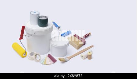 Painter tools, paint buckets and varnish tins: professional painting ...