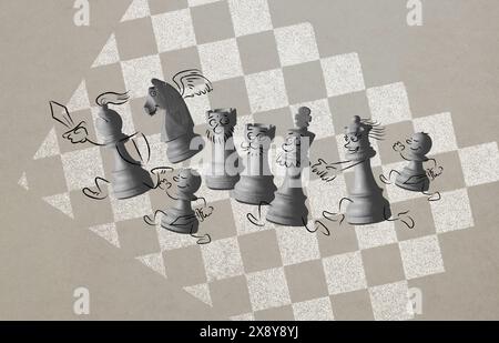 Funny cartoon chess pieces running on the chessboard, vintage style ...