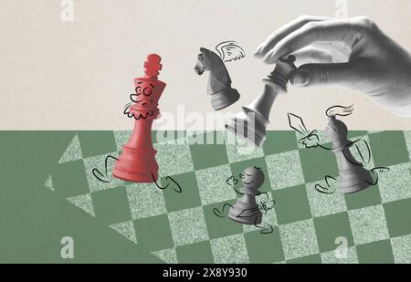 Funny cartoon chess pieces on the chessboard and player's hand ...