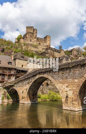 Belcastel village, castle and medieval bridge over Aveyron river, one ...