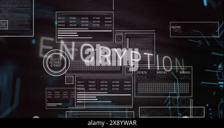 Image of encryption text over graphs, loading bars, circles and binary codes on black background ...