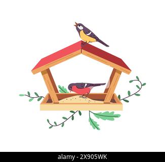 Birdfeeder with seeds and eating birds 2D cartoon illustration. Feeder ...