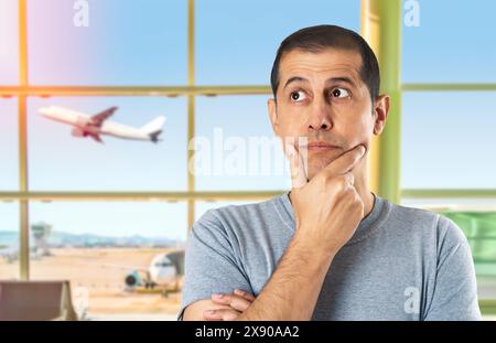 Portrait of a man in doubt with a concrete wall background and copy ...