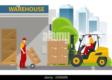 Isometric Large modern warehouse with forklifts. Warehouse workers and ...