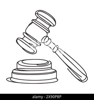 Continuous line drawing of hammer judge on Black and white background ...