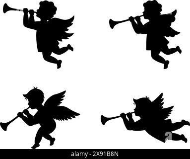 Herald angels blowing trumpets. Angel with a wings. Cherub blowing into a tube. Vector ...