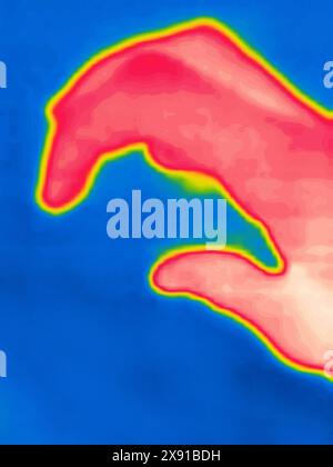 Hand gestures captured on thermal imager device. Warm hands of an ...