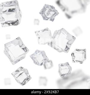 Many ice cubes in air on white background Stock Photo - Alamy