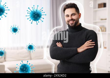 Man with strong immunity surrounded by viruses on orange background ...
