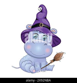 Cartoon hippo with a potion in a purple witch hat and cloak. Halloween ...