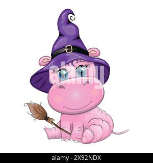 Cartoon hippo with a potion in a purple witch hat and cloak. Halloween ...
