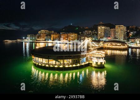 Pier and Promenade in Durres from a drone at night, Adriatic Sea ...