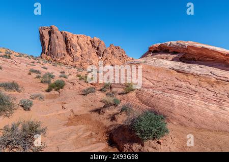 Layered rock formations along the Fire Wave Trail at Valley of Fire ...