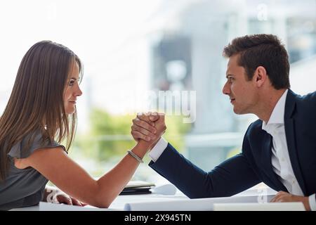 Wrestle handshake gesture. Man and woman shake arm hands. Greeting ...