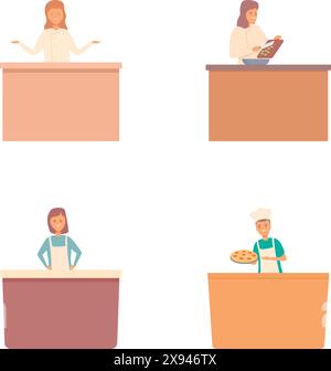 Preparing dough icons set cartoon vector. Kneading and rolling out dough process. Pastries ...