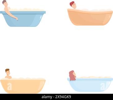 Bathing cartoon set of people relaxing in thermal waters jacuzzi sauna ...