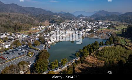 Aerial of Xidi historic ancient village, UNESCO World Heritage Site ...