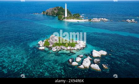 Aerial of Old Indie Lighthouse, Lengkuas Island, Belitung island off ...