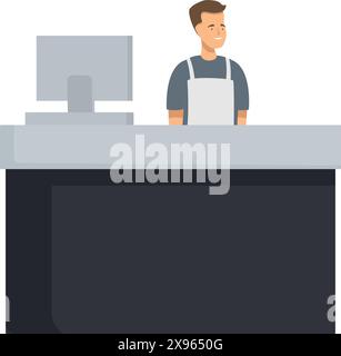 Illustration of a cheerful male cashier standing at a store checkout ...