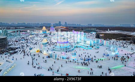 Aerial of the Illuminated buildings made out of ice, Ice International ...