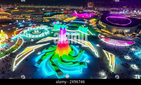 Aerial of the Illuminated buildings made out of ice, Ice International ...