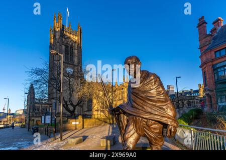 View of Mahatma Gandhi Statue and Manchester Cathedral, Manchester ...