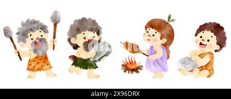 Stone age man . Cuet cartoon character . Watercolor paint design ...