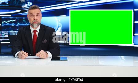 Late Night TV Talk Show Live News Program: Charismatic Male Anchor ...