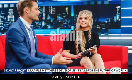 Talk Show TV Program: Two Charismatic Presenters Talk. Cable Channel ...