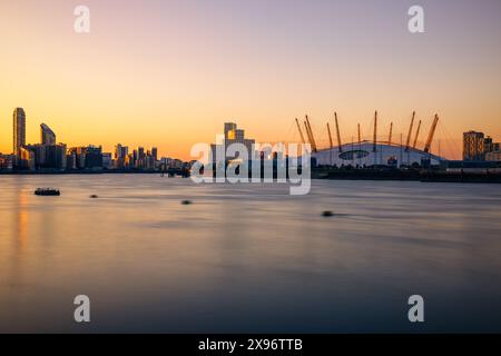 Long exposure, London cityscape with the O2 arena during sunset Stock ...