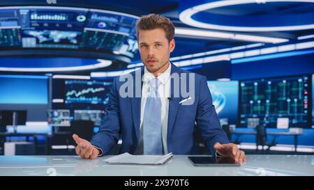 Beginning Evening News TV Program: Male Anchor Presenter Reporting ...